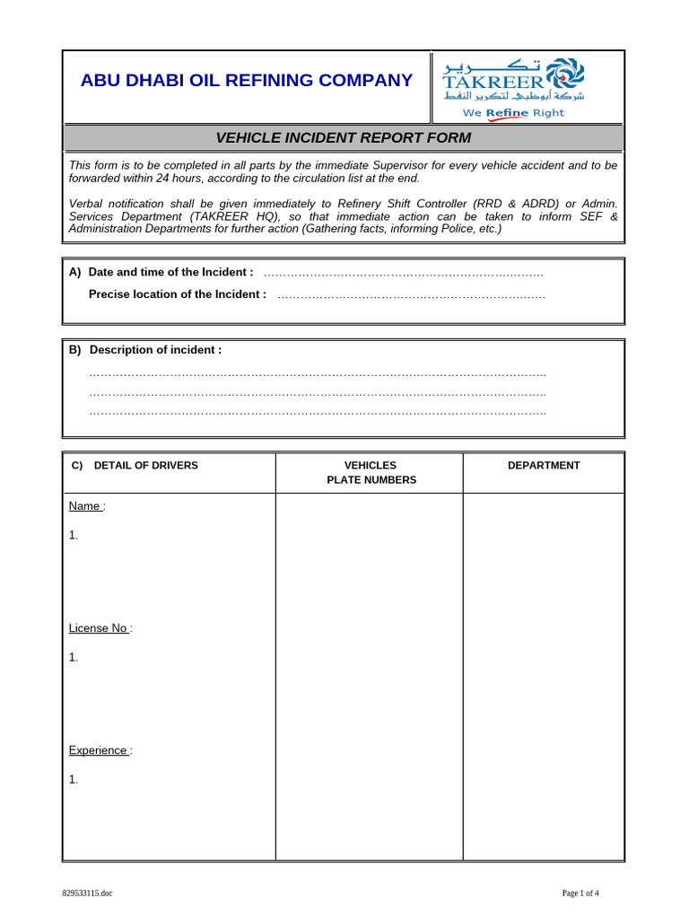 Vehicle Incident Report Form | PDF | Transport | Transport Safety