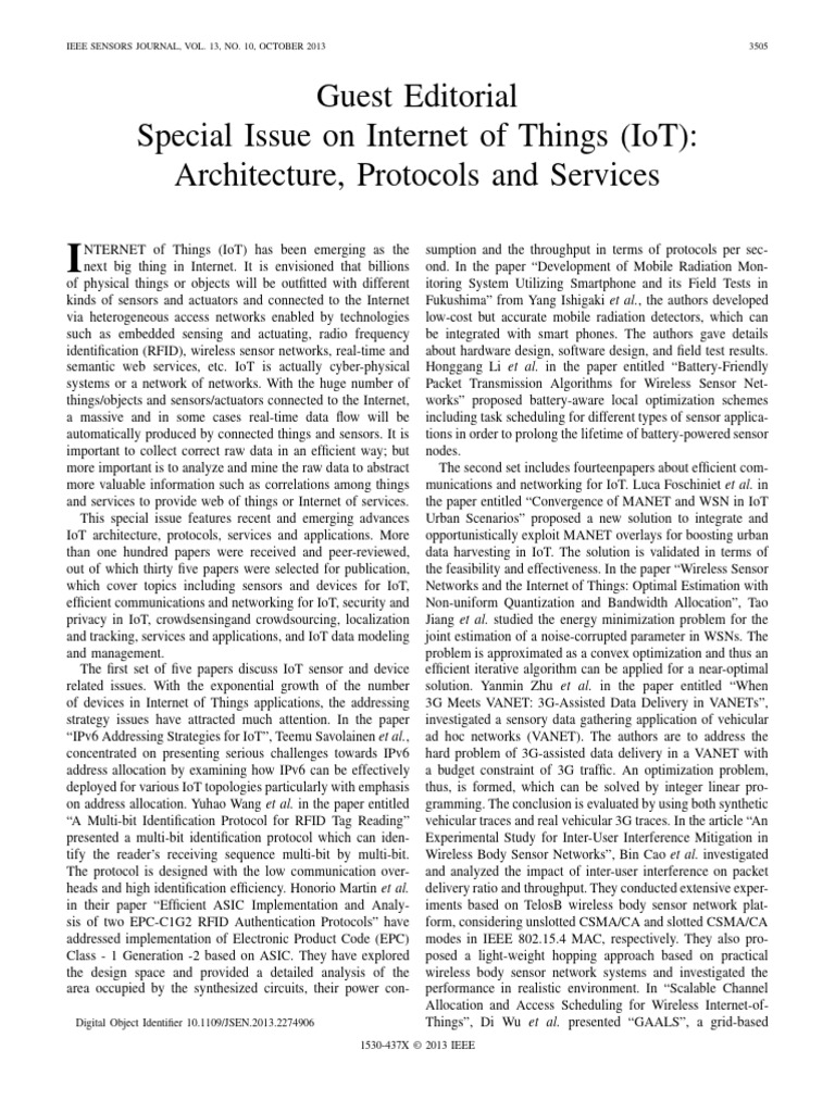 Guest Editorial - Special Issue On Internet of Things IoT Architecture Protocols and Services ...