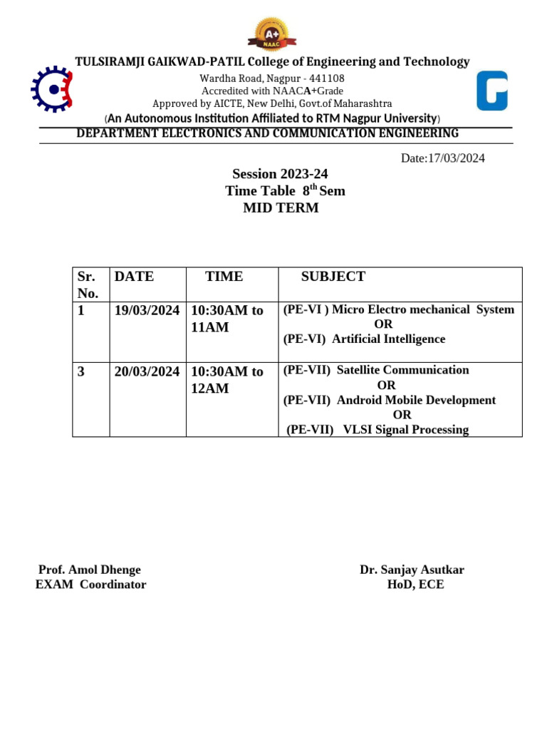 Time Table Mid Term | PDF