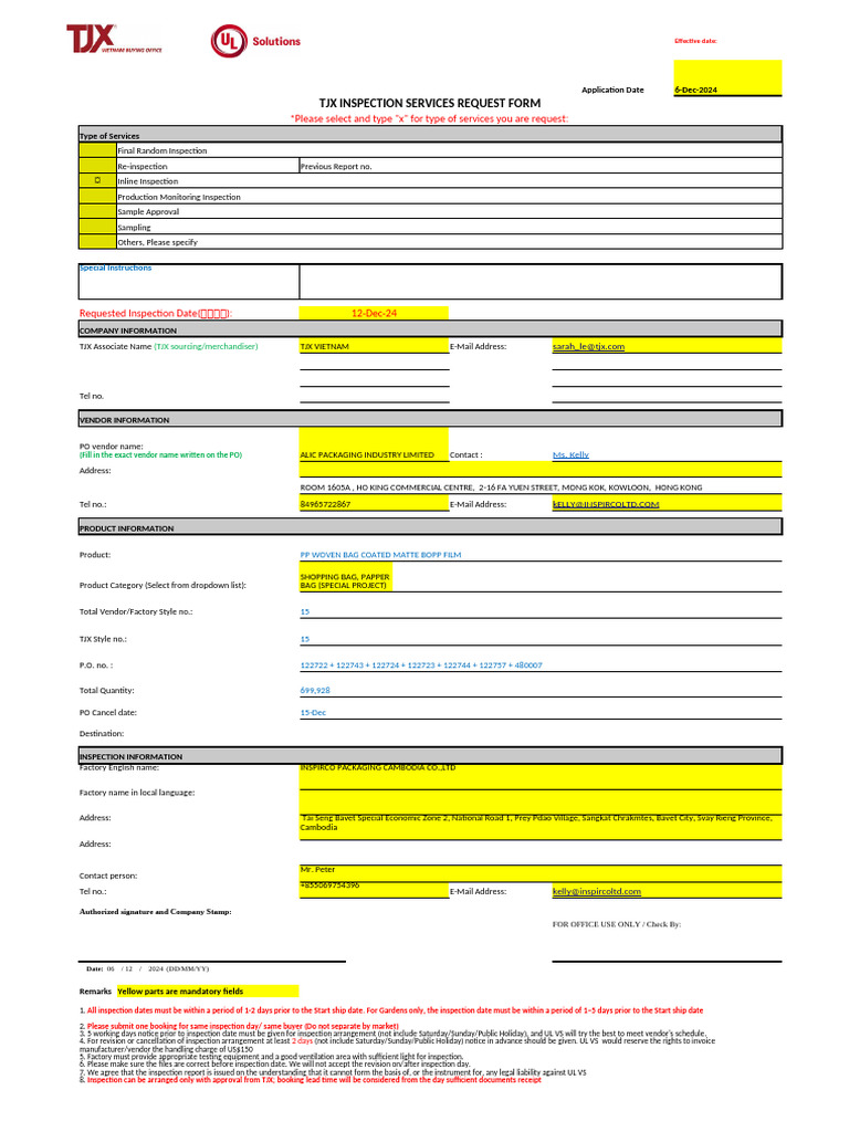 TJX VBO - UL Inspection Request Form V2 _Final Inspection 12 DEC | PDF ... TJX VBO - UL Inspection Request Form V2 _Final Inspection 12 DEC | PDF ...