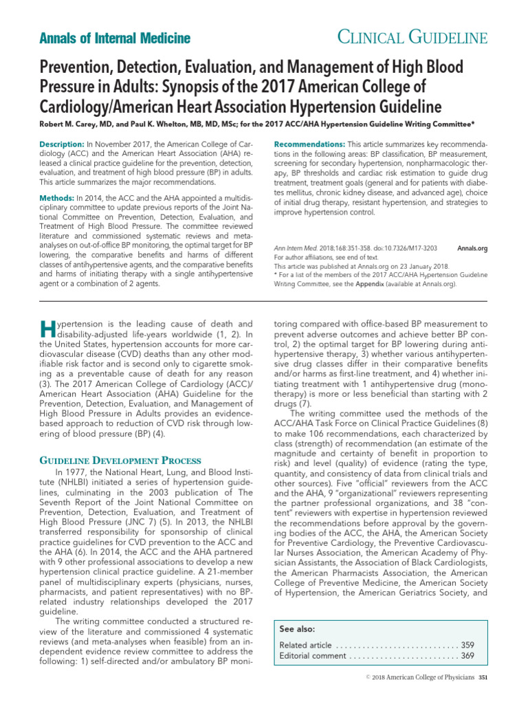 2017 ACC/AHA Hypertension Guidelines Summary | PDF | Hypertension ...