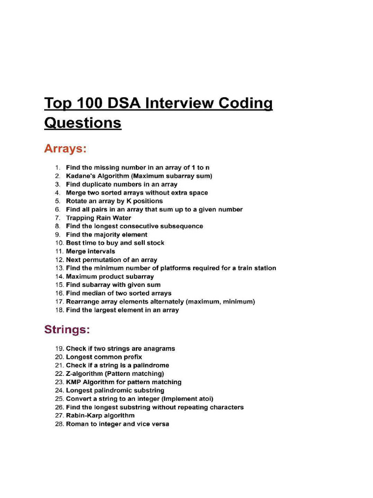 DSA Interview Coding Questions | PDF