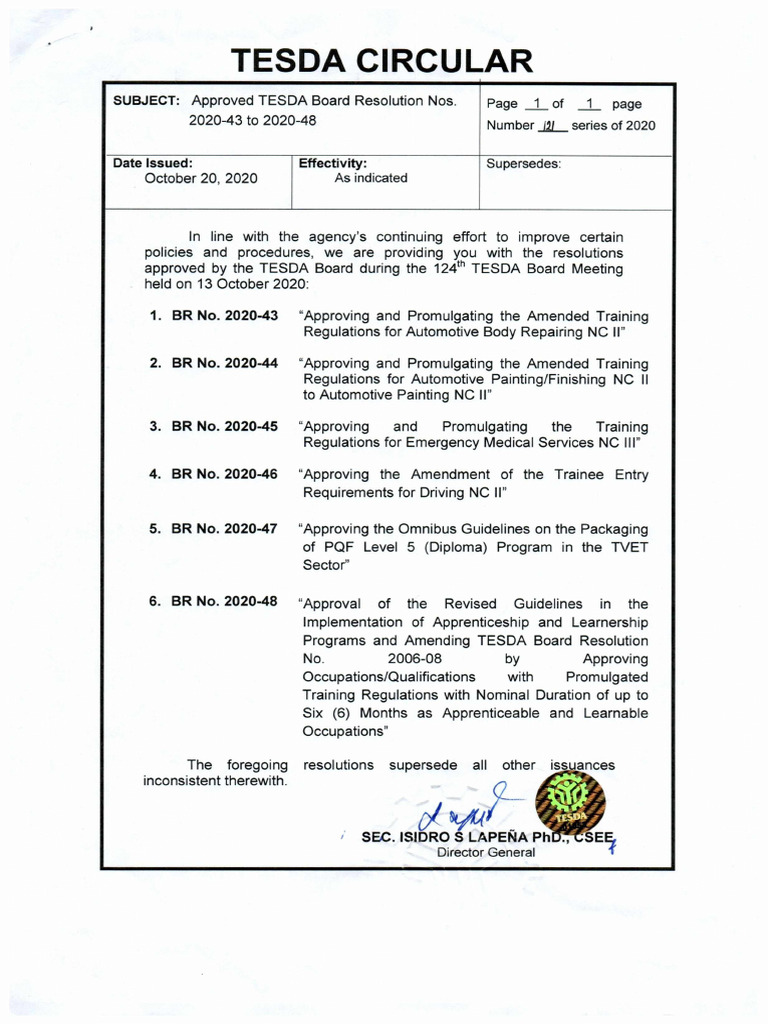 TESDA Circular No. 121-2020 | PDF | Apprenticeship | Learning