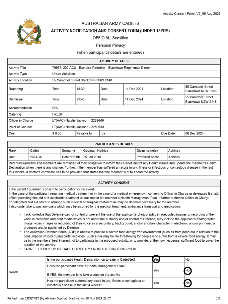 Consent-2438203-20241118 (Regimental Dinner) | PDF | Medical Specialties