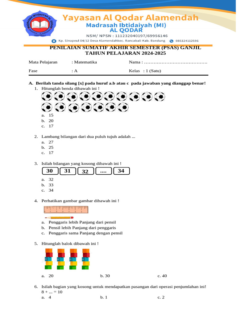 (Psas) Matematika Kelas 1 2024-2025 | PDF