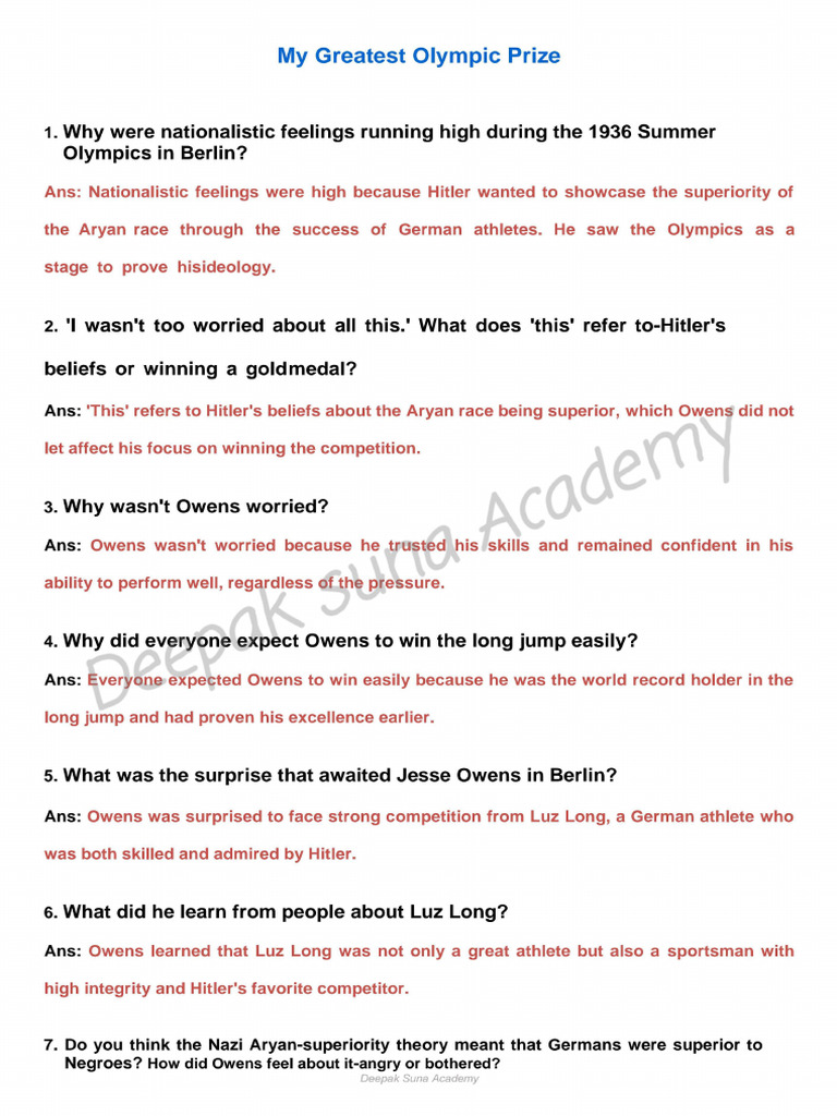 My Greatest Olympic Prize 2 Marks Question Ans | PDF