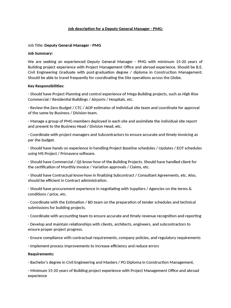 DGM PMG Job Description and Requirements | PDF | Construction ...