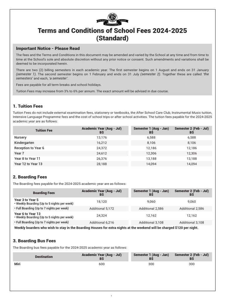 Jerudong International School Standard Rate Fees 2024-25 | PDF ...