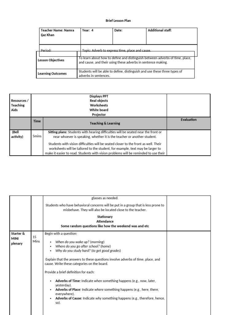 Adverbs of Time, Place, and Cause Lesson | PDF | Teachers | Learning
