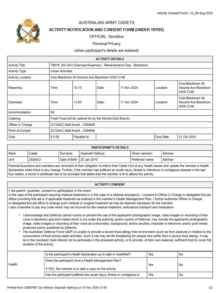 Blacktown Cadet Activity Consent Form | PDF | Medical Specialties