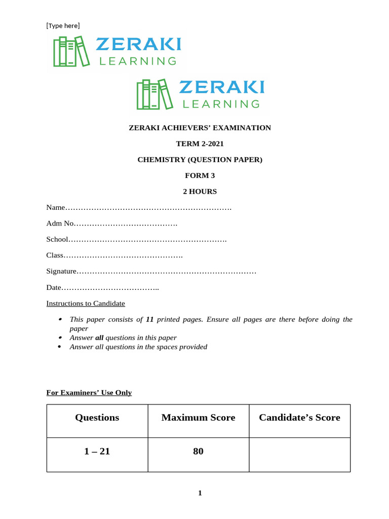 Chemistry Form 3 - Zeraki Achievers 2.0 - Question Paper | PDF ...