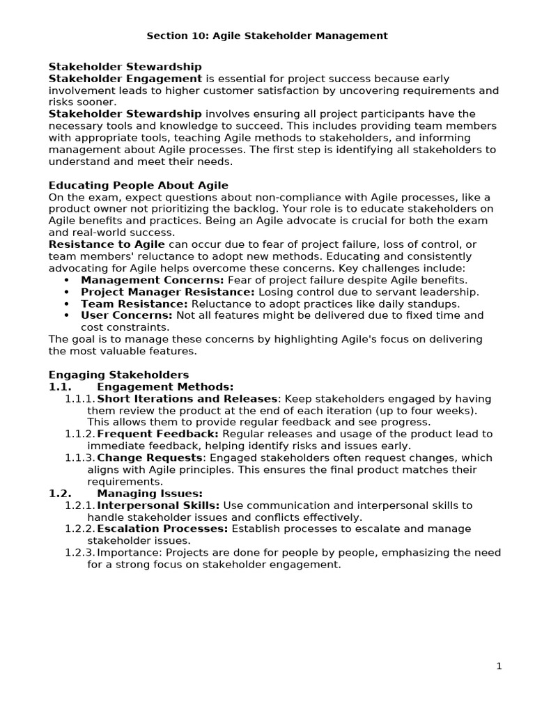 Section 10 Agile Stakeholder Management Summary Pdf Scrum Software