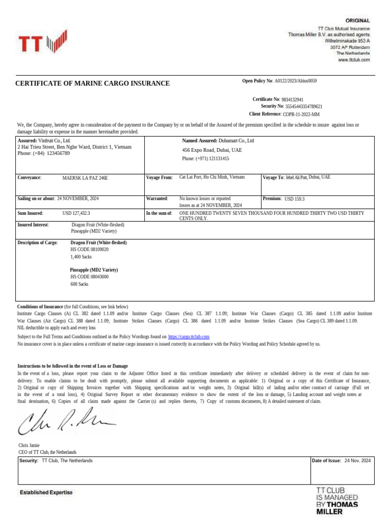 Marine Cargo Insurance Certificate | PDF | Insurance | Private Law