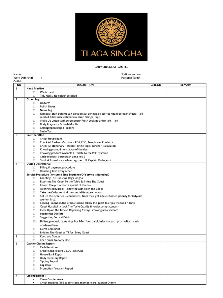 Daily Check List Cashier | PDF | Point Of Sale | Service Industries