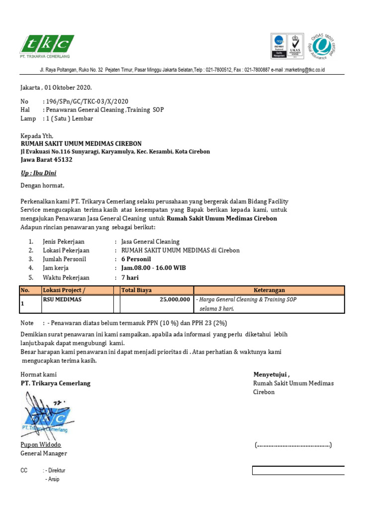 Penawaran Harga Jasa General Cleaning & Training RSU Medimas Cirebon | PDF
