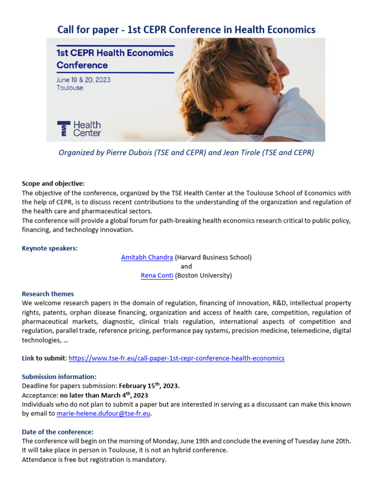 Call for Papers: CEPR Health Economics Conference | PDF | Health Care