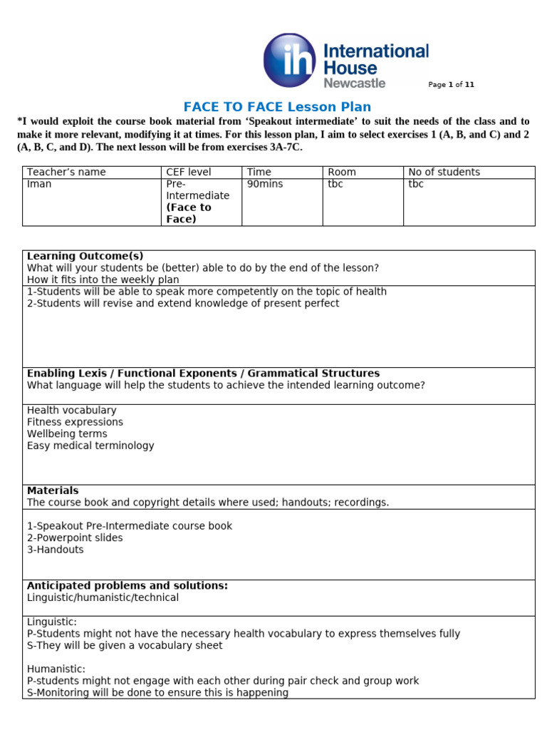 Face to face lesson plan | PDF | Lesson Plan | Human Communication