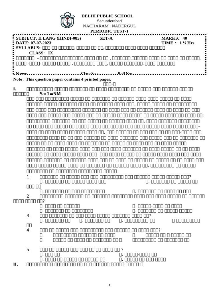 Class Ix II Lang Hindi Pt1 Set-A Qp | PDF