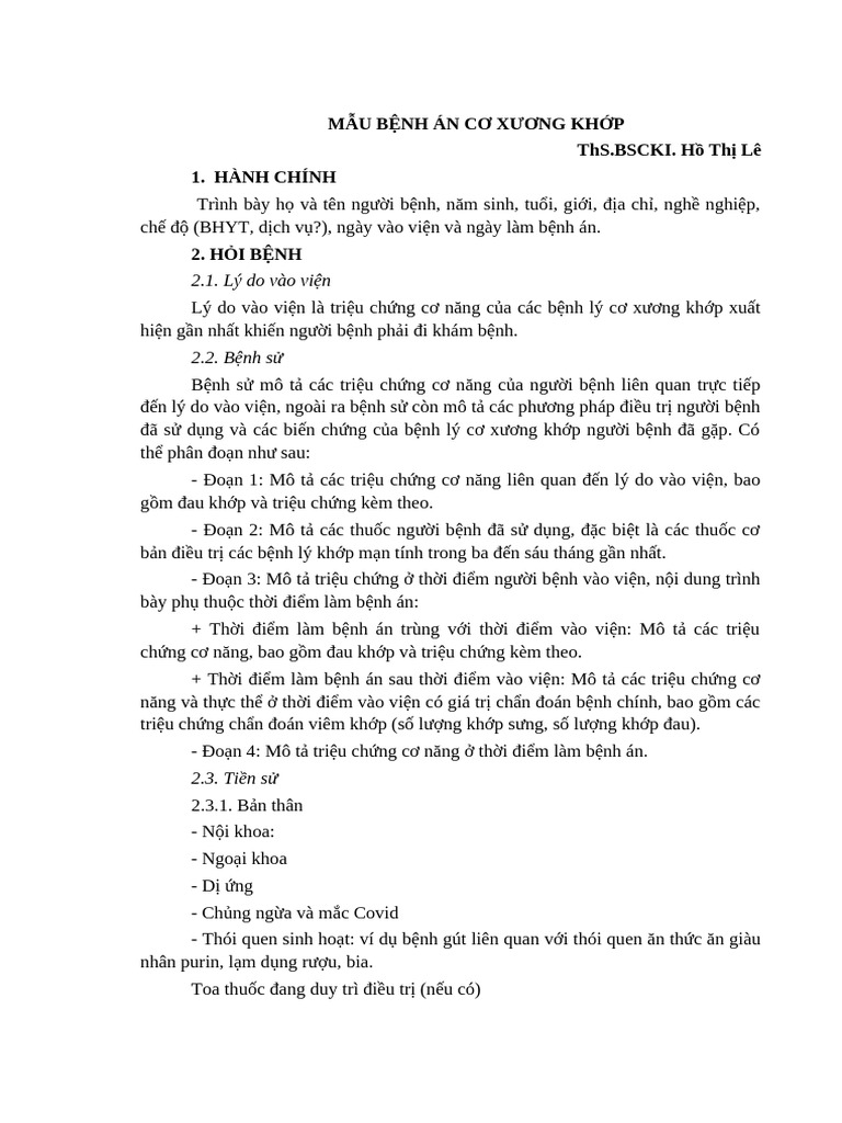 Form Benh An CXK. Bs Lê | PDF