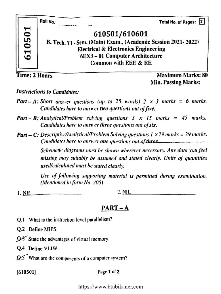 Btech Ex Eee Ee 6 Sem Computer Architecture 610501 2022 | PDF Btech Ex Eee Ee 6 Sem Computer Architecture 610501 2022 | PDF