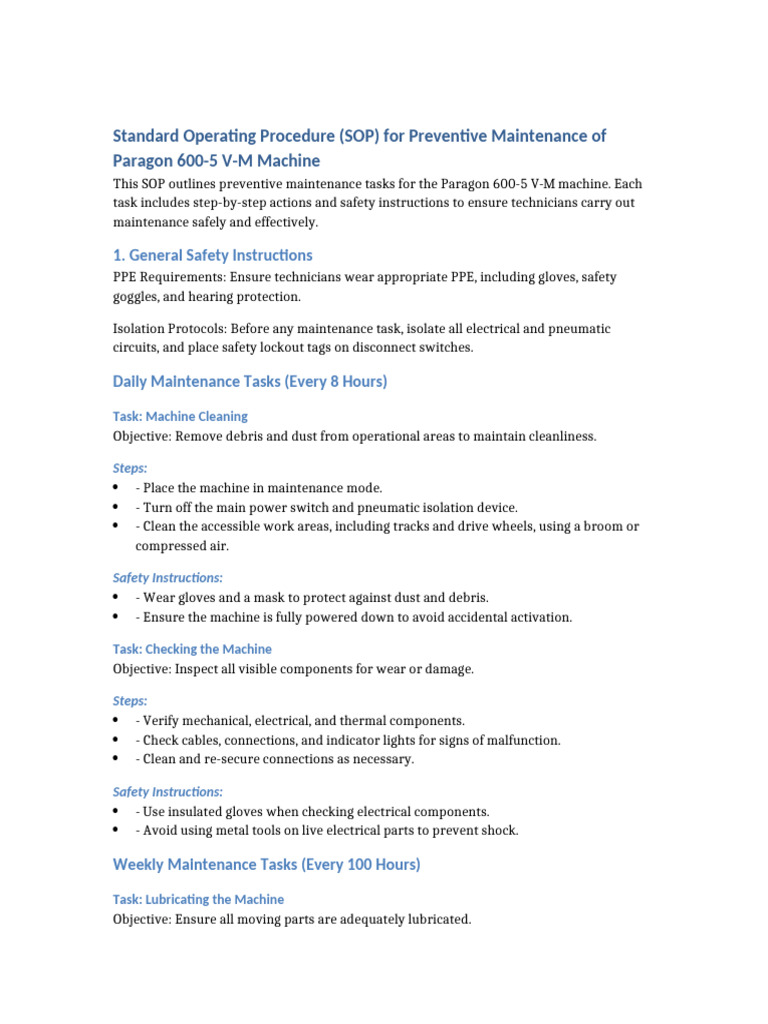 SOP Preventive Maintenance Paragon600 | PDF | Personal Protective Equipment | Switch