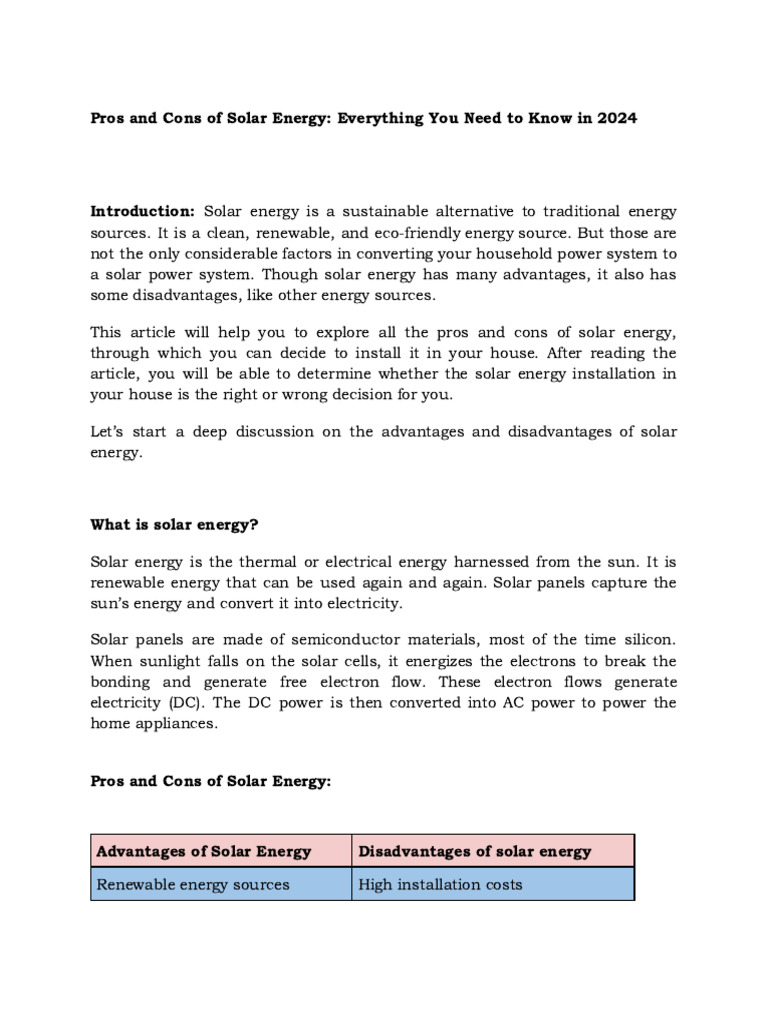 Solar Energy Pros and Cons 2024 Guide | PDF | Solar Power | Solar Energy