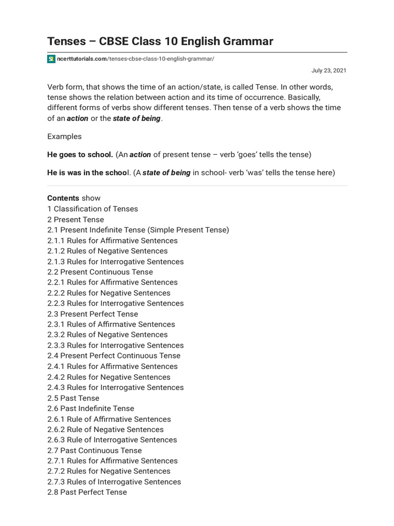 Tenses in Class 9 English Grammar | PDF | Grammatical Tense | Verb