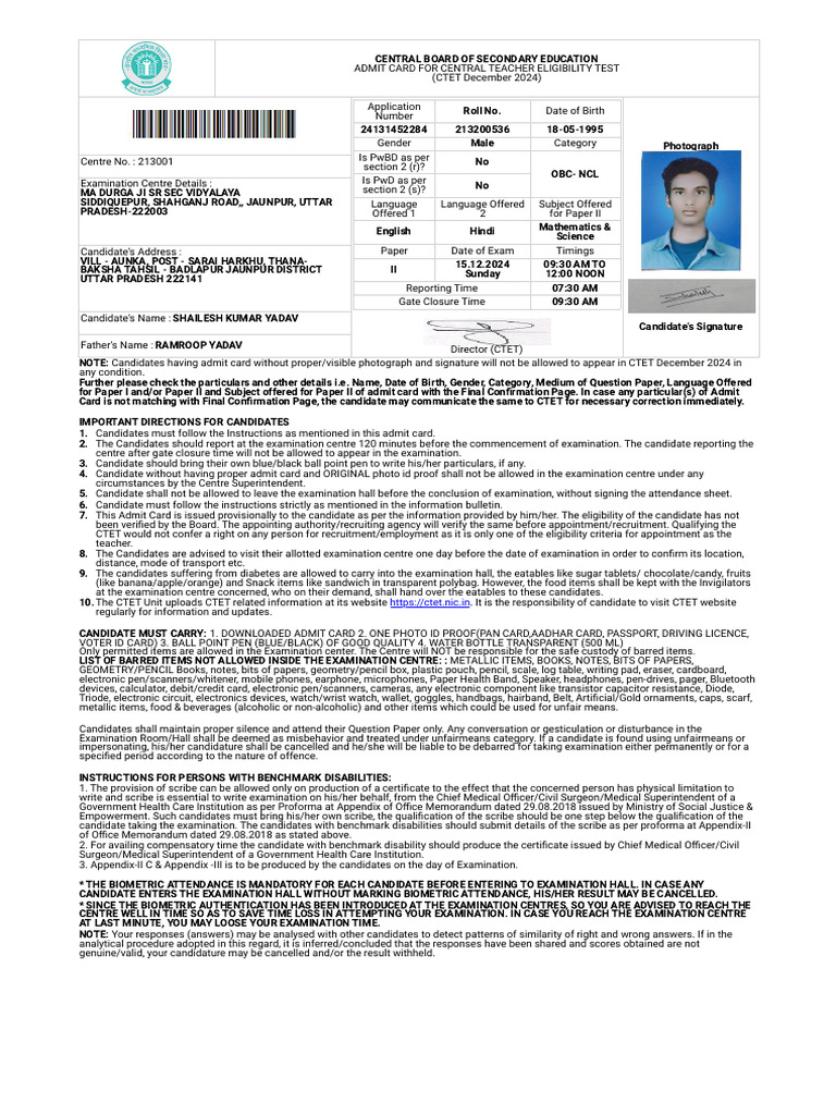 Shailesh Ctet Admit Card | PDF