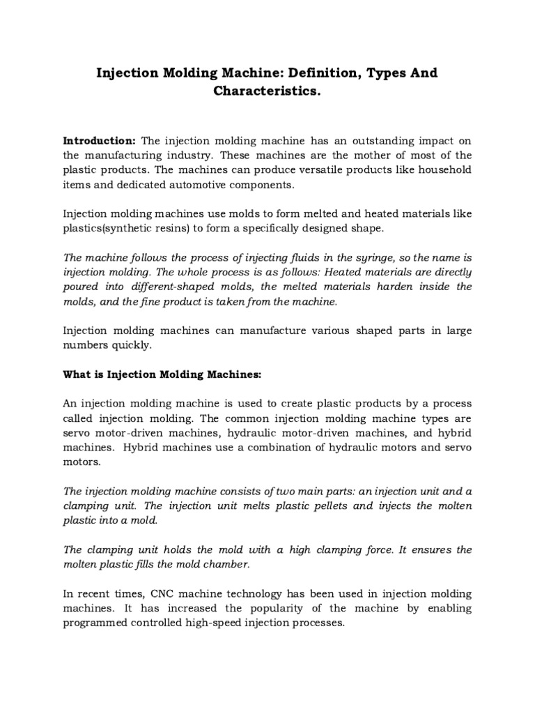 Injection Molding Machine - Definition, Types and Characteristics | PDF ...