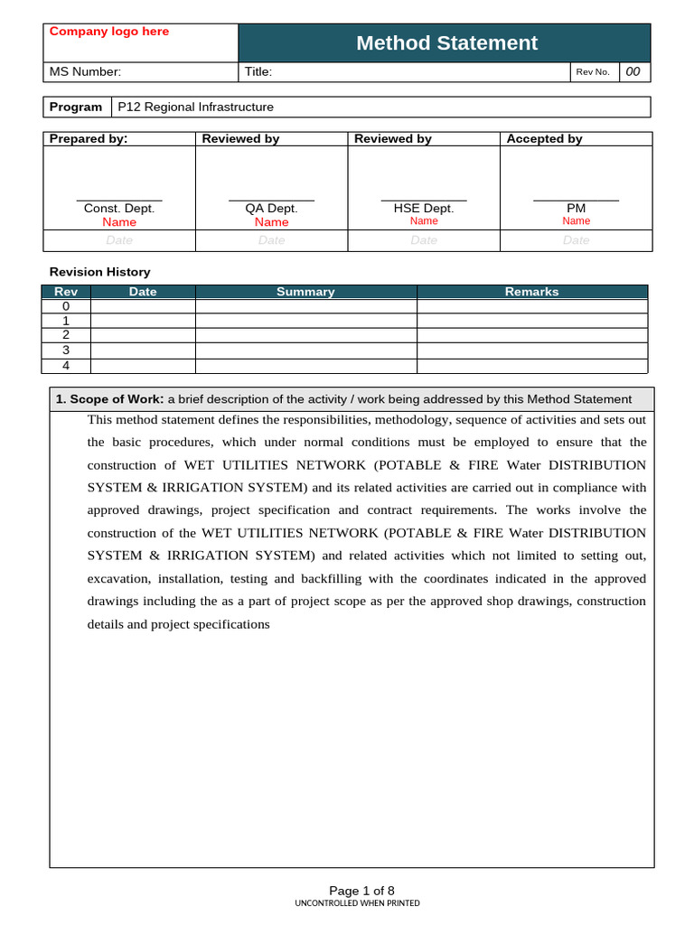 Blank Method Statement - Rev.00 | PDF | Waste | Waste Management