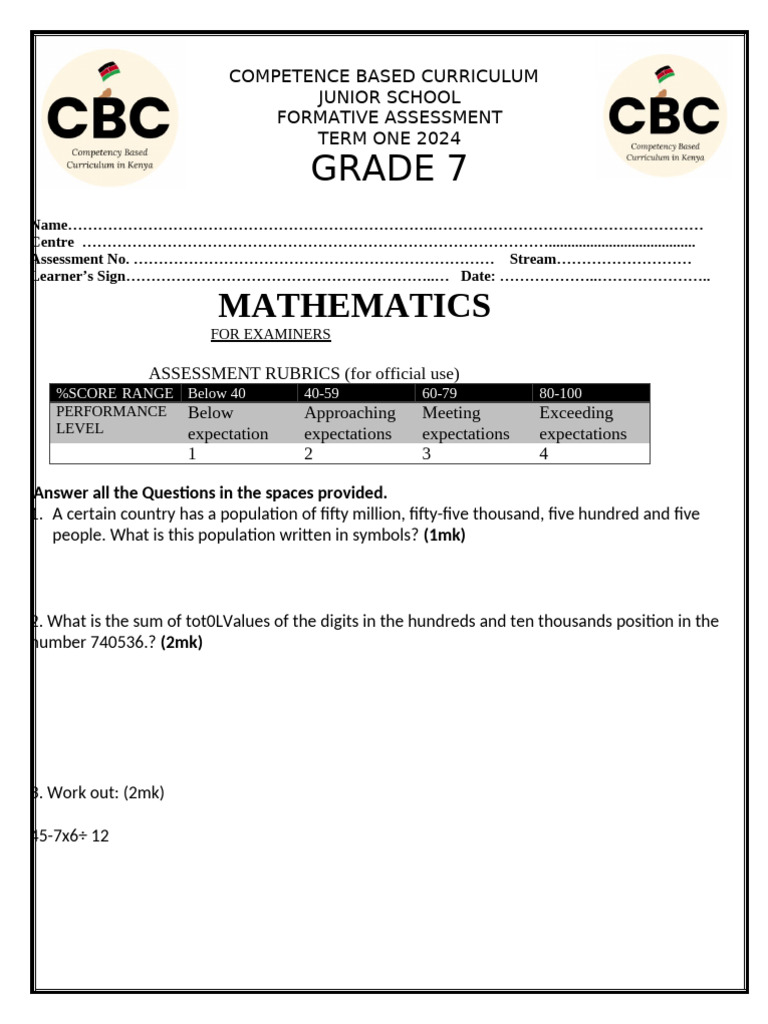 Grade 7 Mathematics QS 3T 2024 4 | PDF | Area | Volume