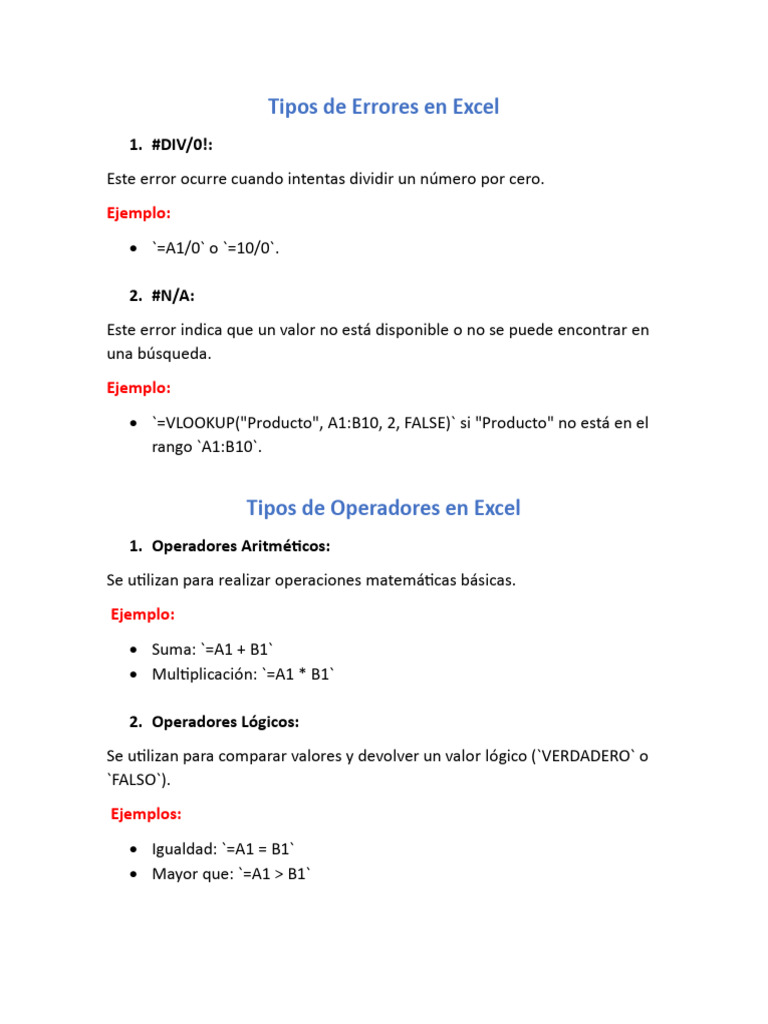 T1 - Tipos de Errores en Excel | PDF