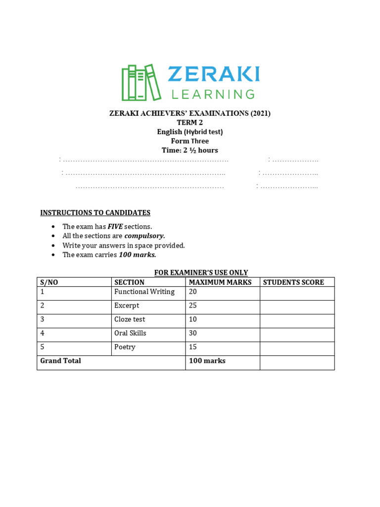 Zeraki Form 3 Term 2 English Exam | PDF