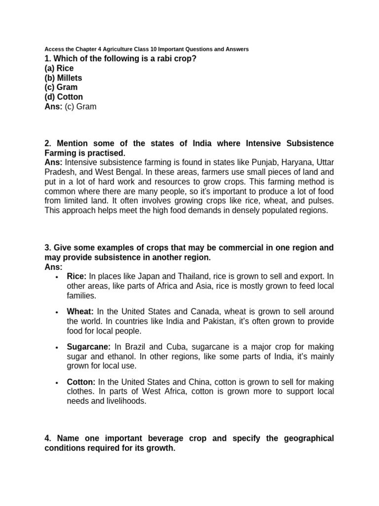 Chapter 4 Agriculture Class 10 Important Questions and Answers | PDF ...