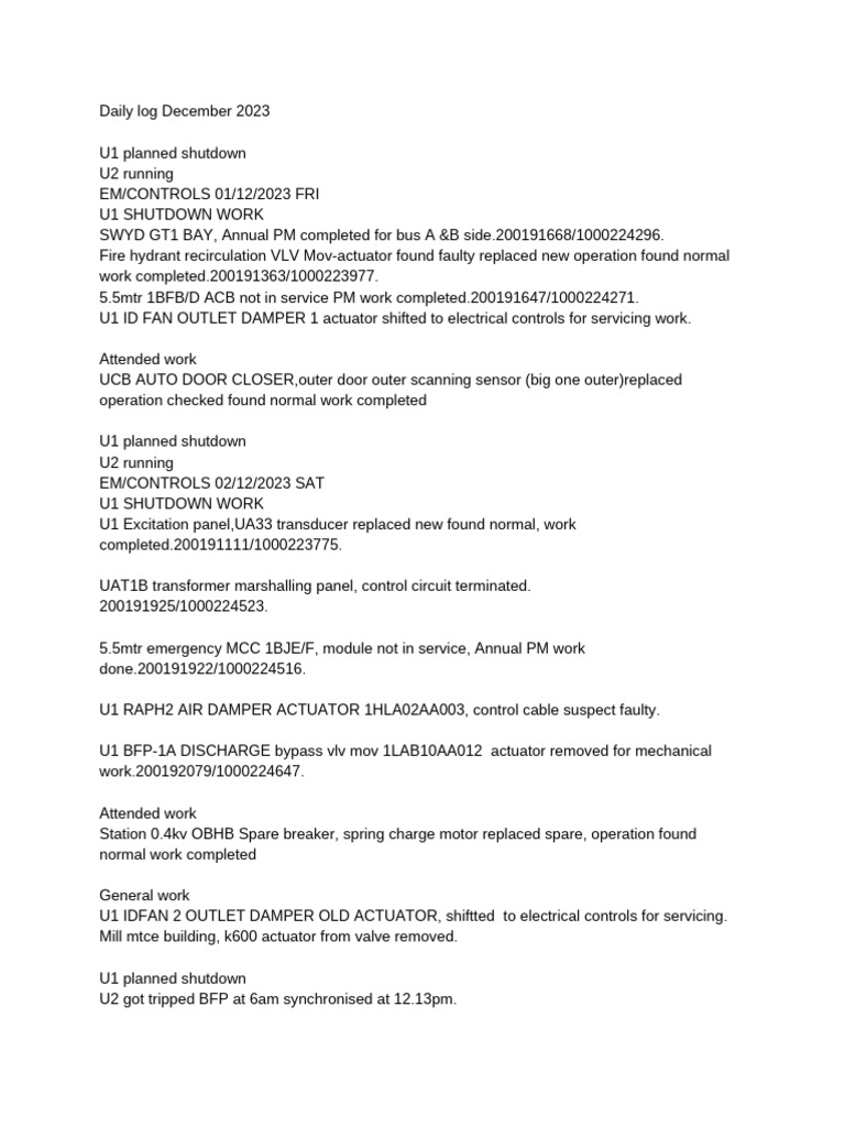Daily Log December 2023 | PDF | Valve | Rectifier