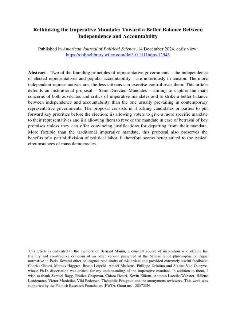 Rethinking The Imperative Mandate Toward | PDF | Voting | Elections