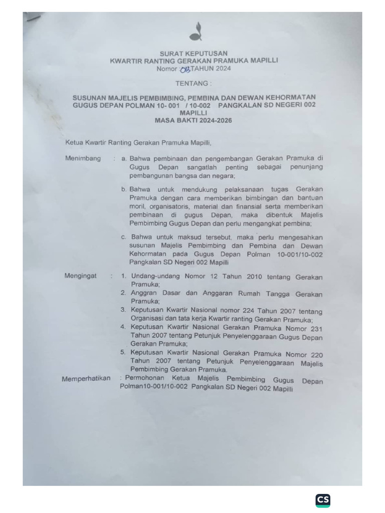 Surat Keputusan Kwartir Ranting 002 Mapilli | PDF