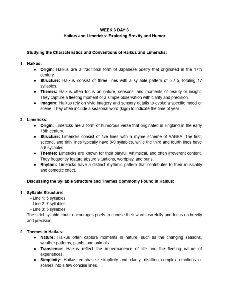 WEEK 3 DAY 3 Haikus and Limericks | PDF | Haiku | Poetry