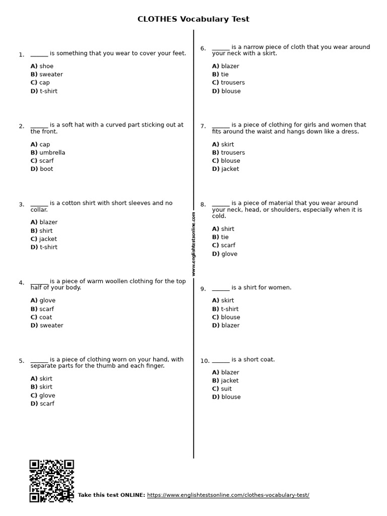 126 Clothes Vocabulary Test | PDF | Blouse | Shirt