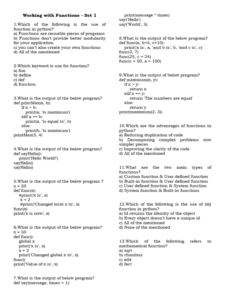 Working With Functions - Set 1 - QP | PDF | Python (Programming Language) | Computer Engineering