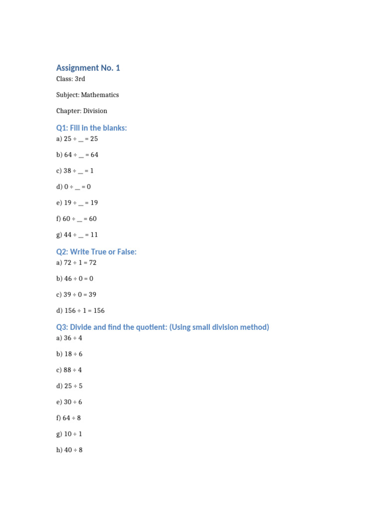 Assignment No 1 Mathematics Class 3 Blanks in Q1 | PDF
