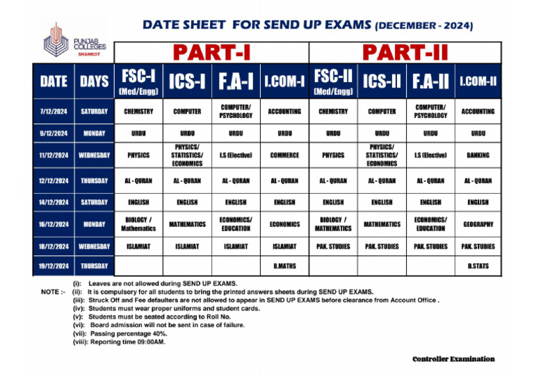 Date Sheet Ses 2024-2025 | PDF
