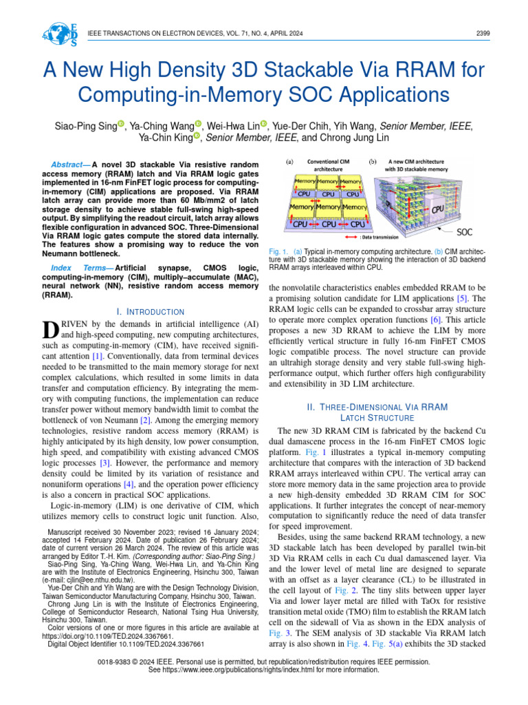 A New High Density 3D Stackable via RRAM for Computing-In-Memory SOC Applications | PDF | Logic ...