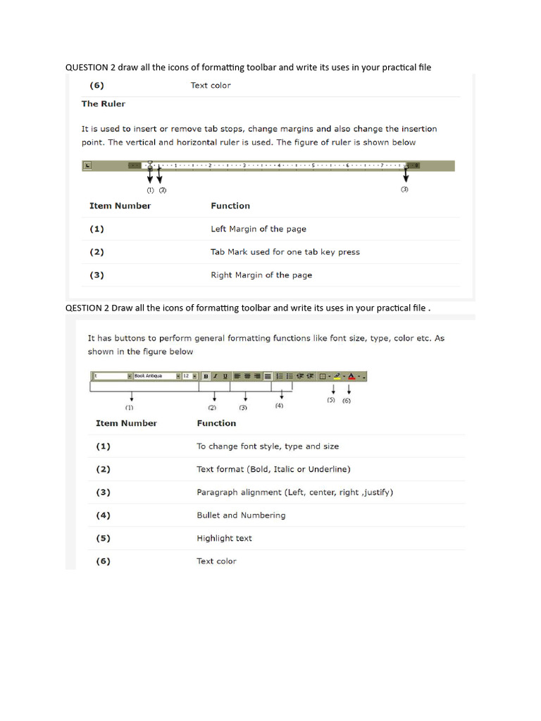 QUESTION 2 Draw All The Icons of Formatting Toolbar and Write Its Uses in Your Practical File | PDF