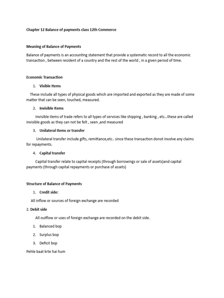 Class 12 Balance of Payments Overview | PDF | Balance Of Payments ...