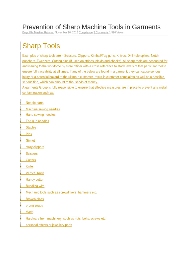 Prevention of Sharp Machine Tools in Garments | PDF | Sewing Needle ...