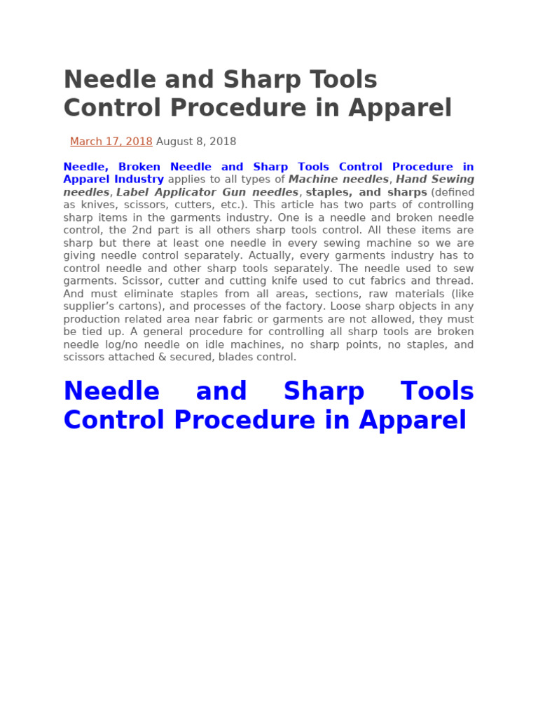 Needle and Sharp Tools Control Procedure in Apparel | PDF | Sewing ...