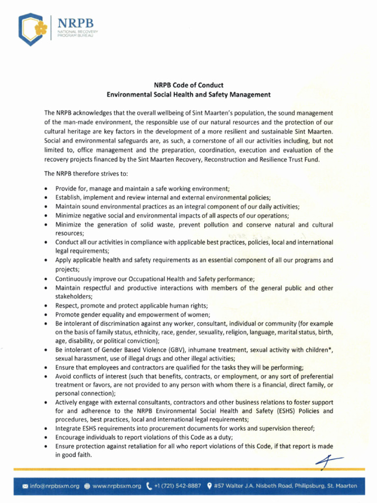 NRPB Code of Conduct Environmental Social Health and Safety Management ...