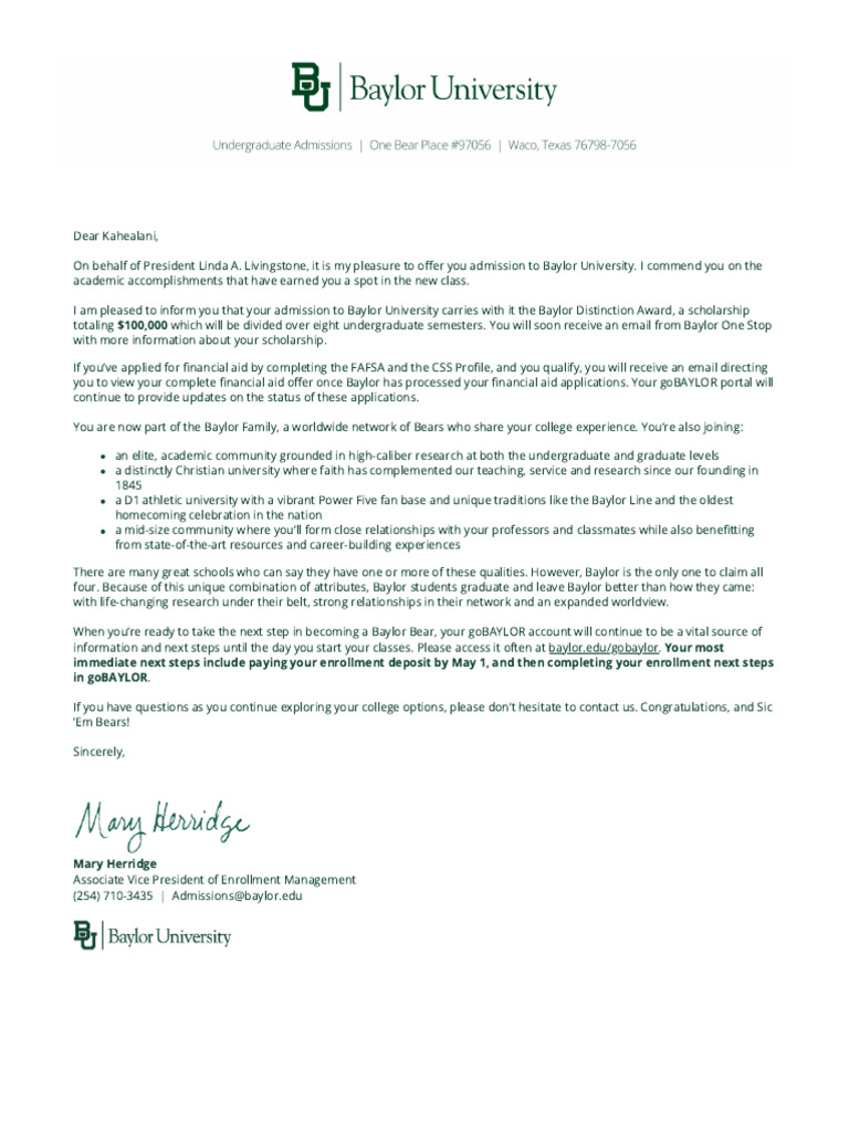Letter-2 | PDF | Baylor University | Student Financial Aid In The ...
