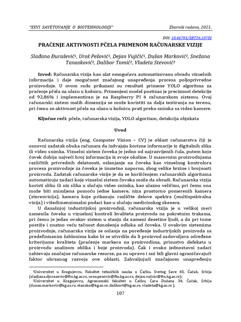 Praćenje Aktivnosti Pčela Primenom Računarske Vizije | PDF